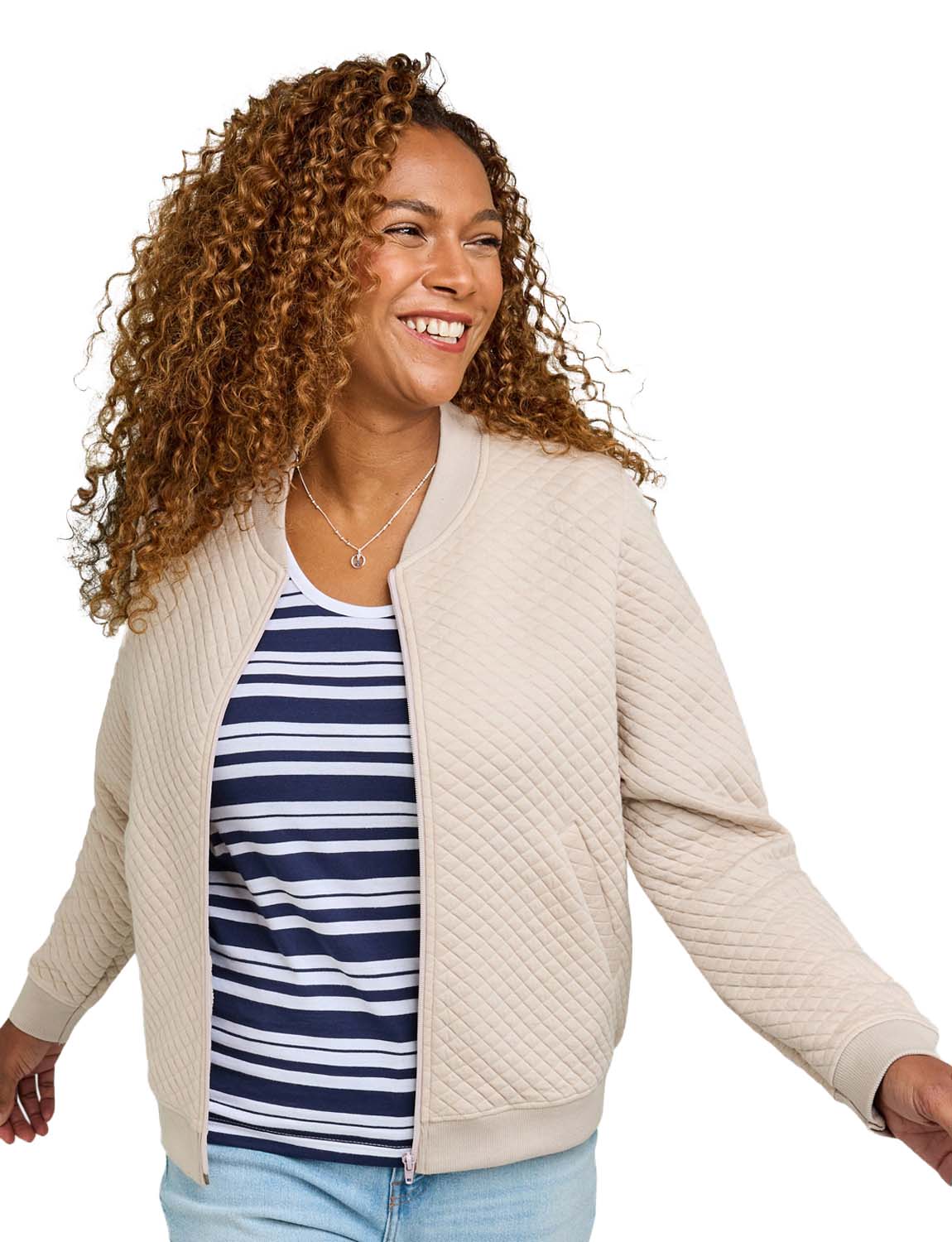 Ladies 100% Cotton Lightweight Mock Quilt Jersey Zip Jacket with Ribbed ...